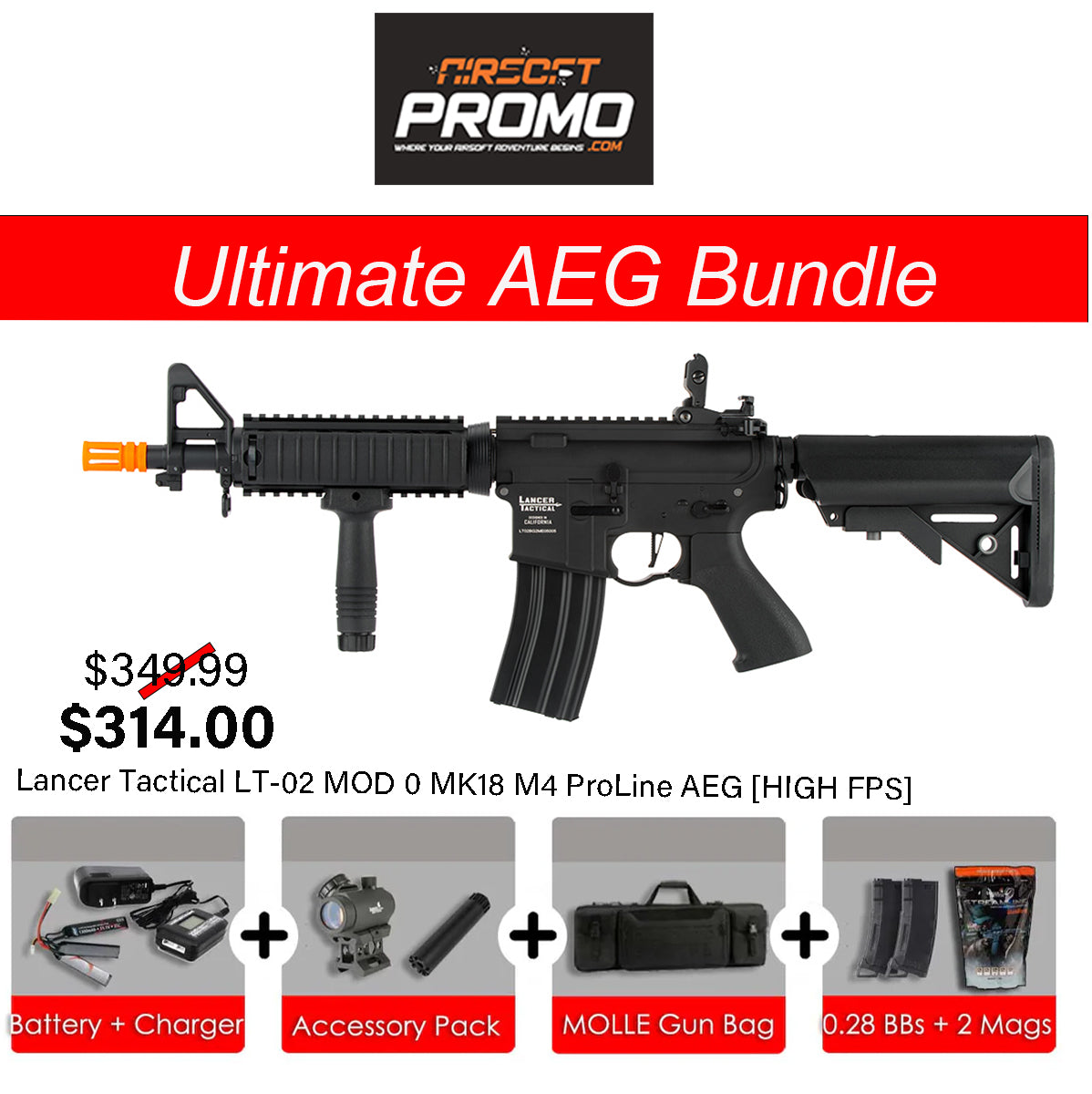 Ultimate AEG Bundle - Lancer Tactical Proline Series MK18 Mod 0 - Blac ...
